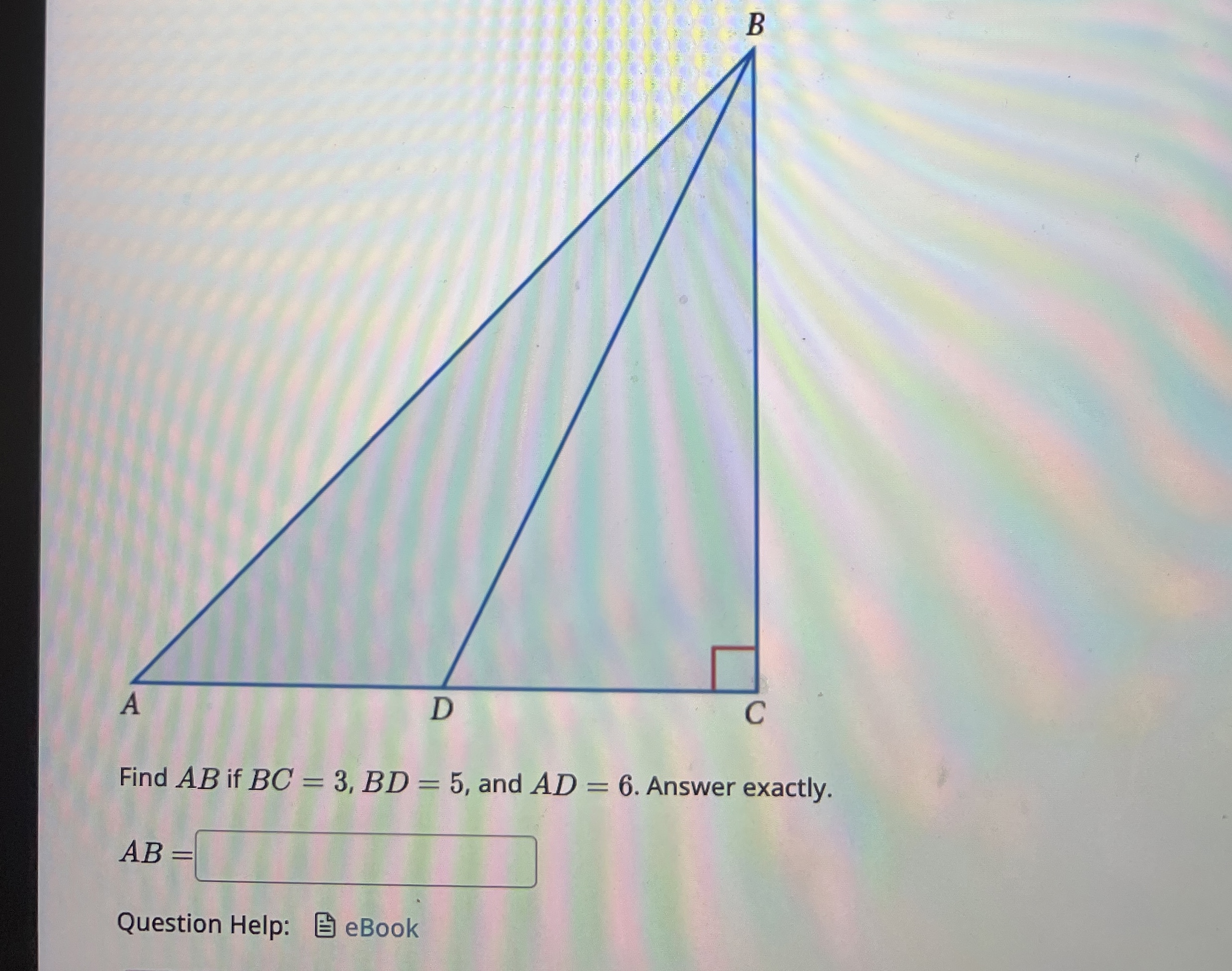 Solved Find AB ﻿if BC=3,BD=5, ﻿and AD=6. ﻿Answer | Chegg.com