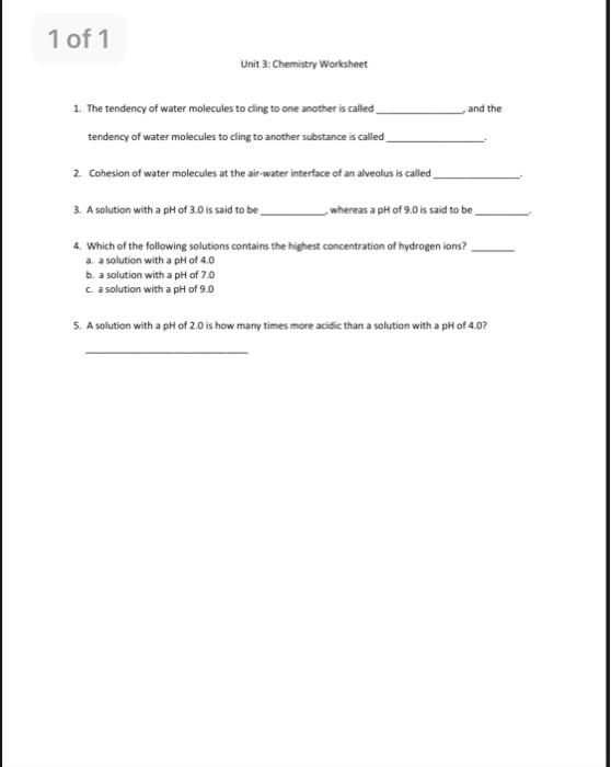 Solved 1 of 1 Unit 3: Chemistry Worksheet and the 1. The | Chegg.com
