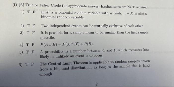 Solved (f) [6] True or False. Circle the appropriate answer. | Chegg.com