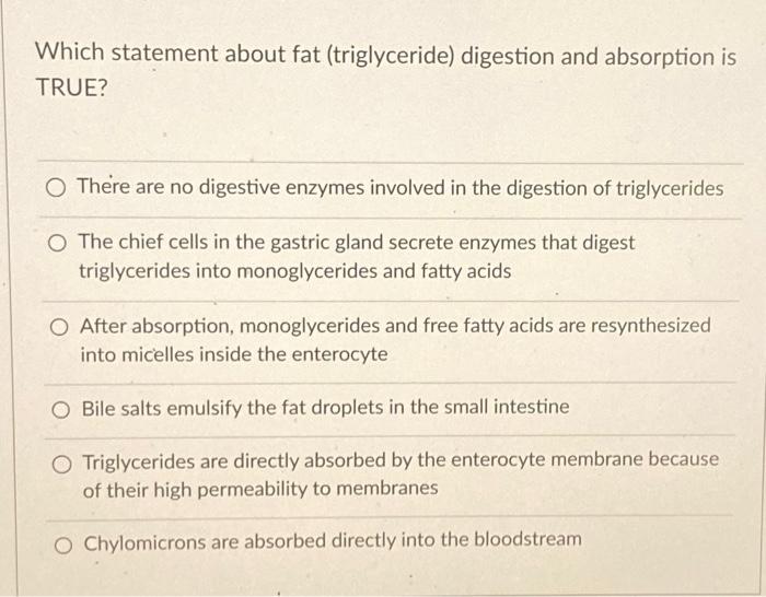 Solved Which statement about fat (triglyceride) digestion | Chegg.com