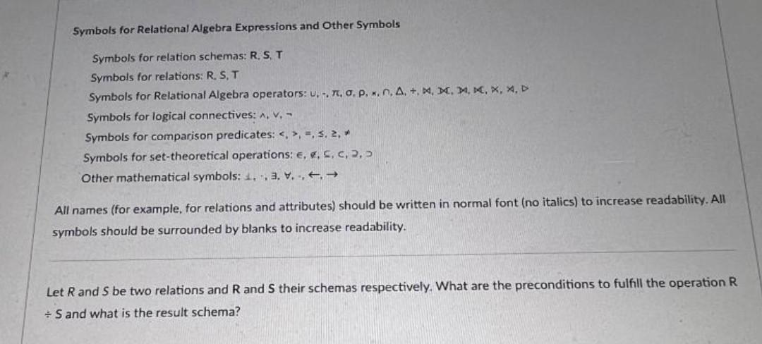 Solved Symbols for Relational Algebra Expressions and Other | Chegg.com