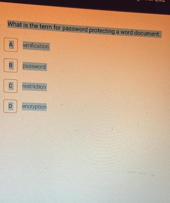 Solved What is the term for password protecting a word | Chegg.com