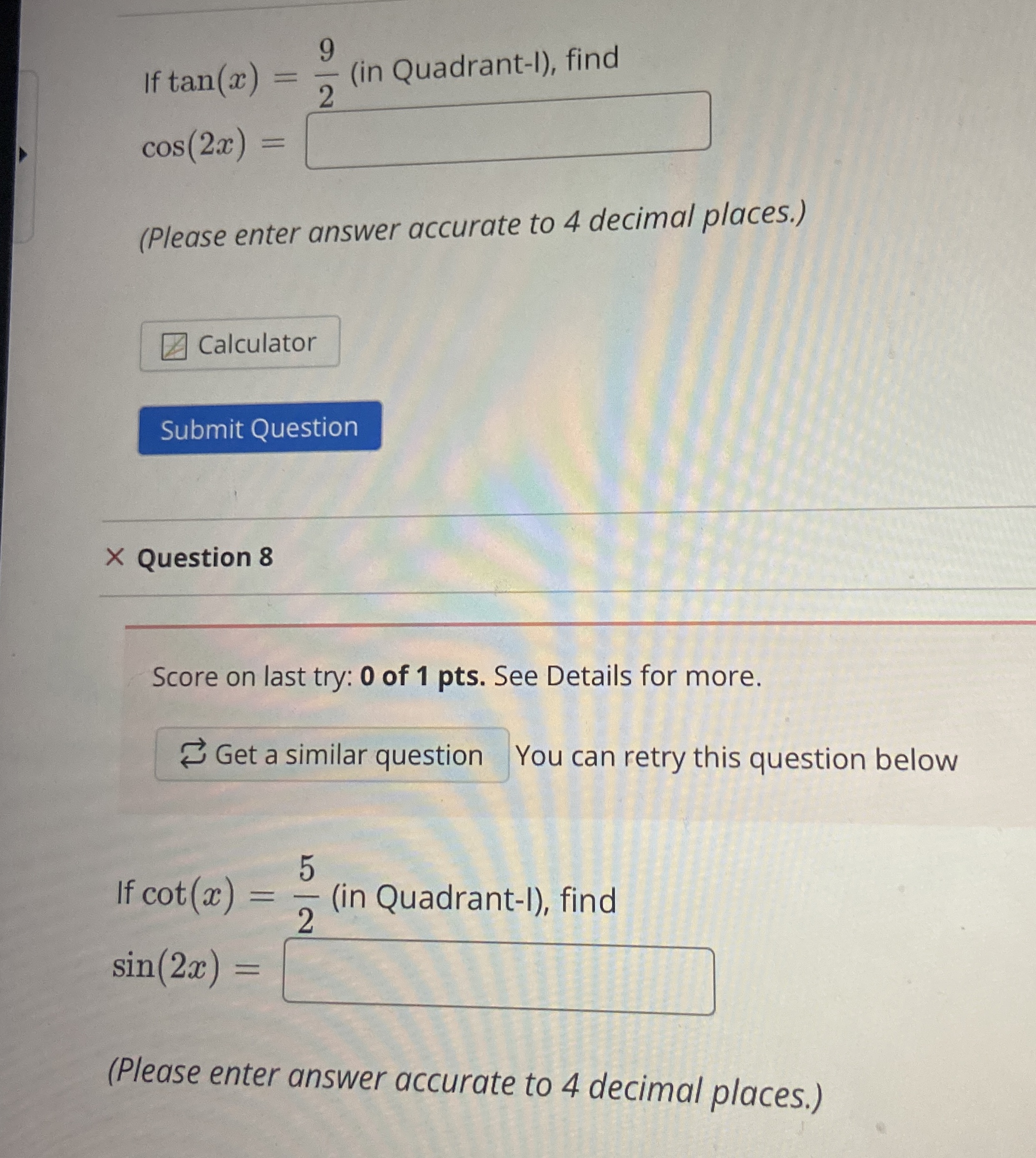 Solved If tan(x)=9n (in Quadrant-I), ﻿find cos(2x)=(Please | Chegg.com