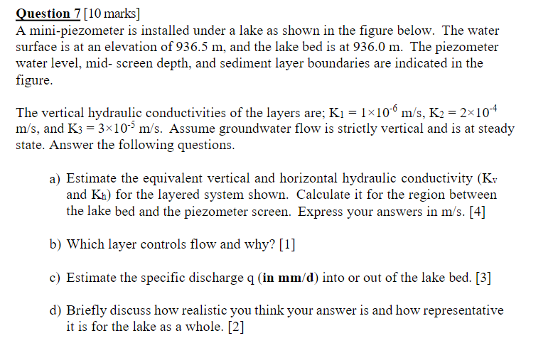 Solved A mini-piezometer is ﻿installed under a lake as | Chegg.com