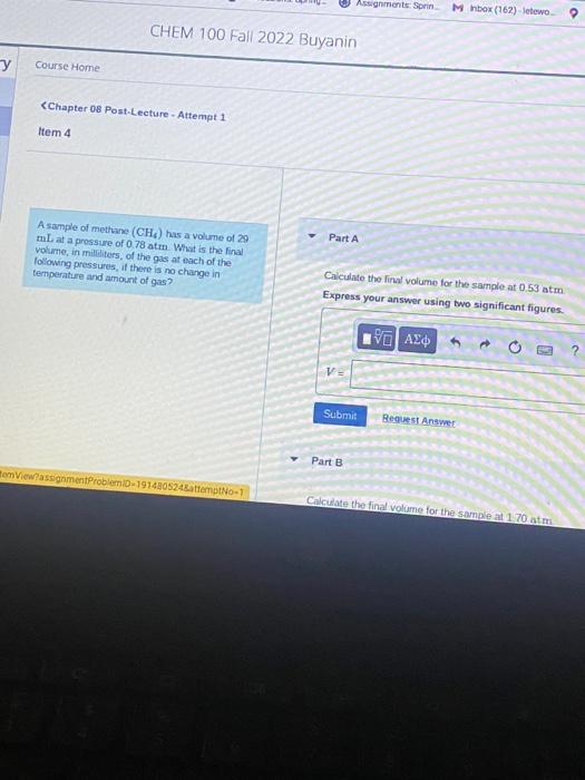 Solved A sample of methane (CH4) has a volume of 27 tuL at a | Chegg.com
