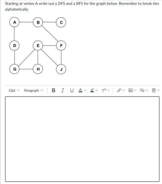 Solved Starting at vertex A write out a DFS and a BFS for | Chegg.com Solved Starting at vertex A write out a DFS and a BFS for | Chegg.com