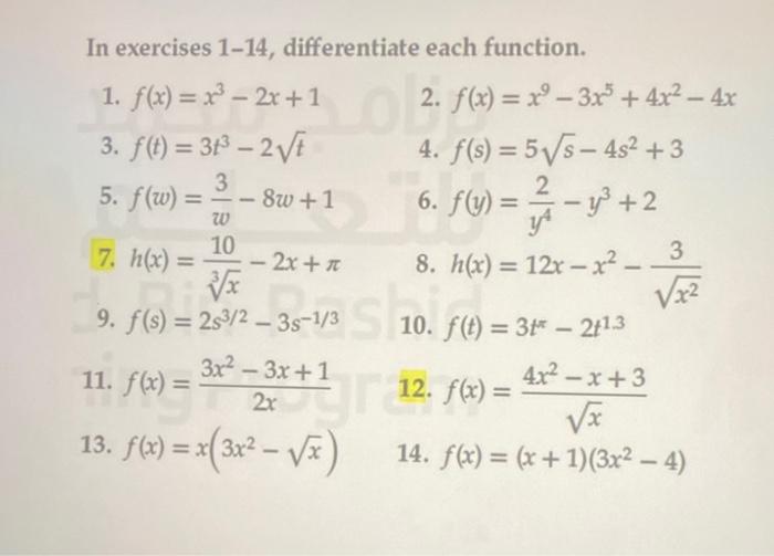 Solved In exercises 1-14, differentiate each function. 1. | Chegg.com