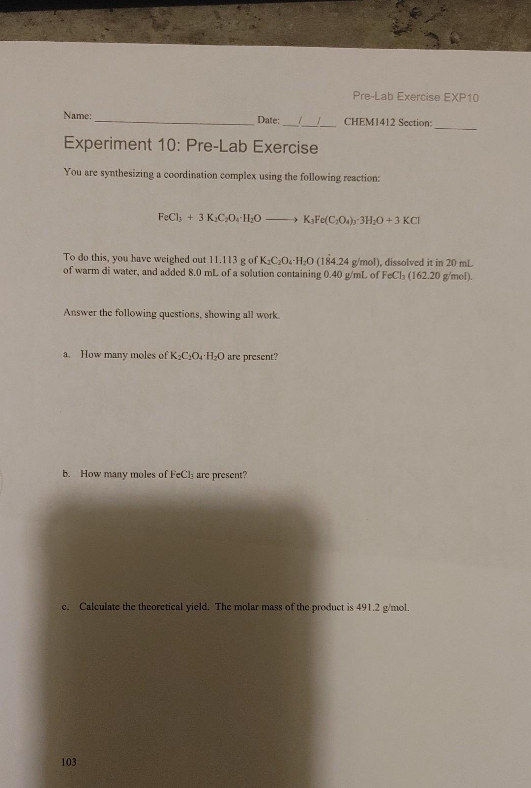 Solved Experiment 10 Synthesis of a Coordination Compound | Chegg.com