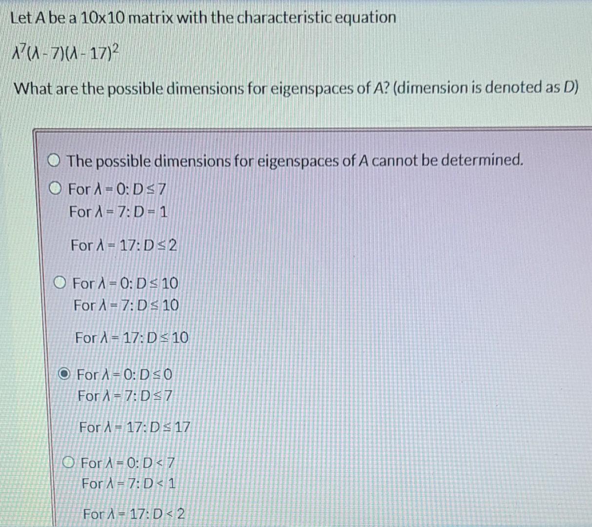 Solved Let A be a 10x10 matrix with the characteristic | Chegg.com
