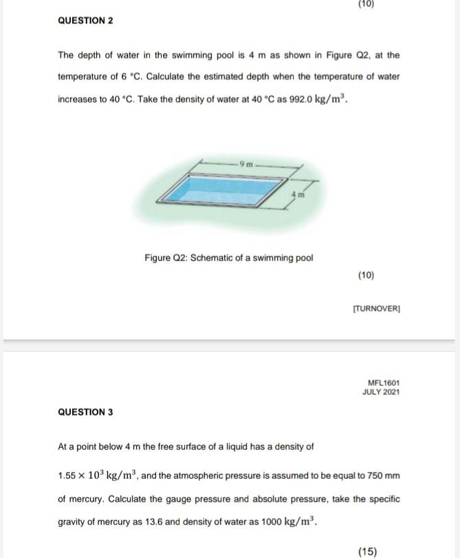 Solved (10) QUESTION 2 The depth of water in the swimming | Chegg.com