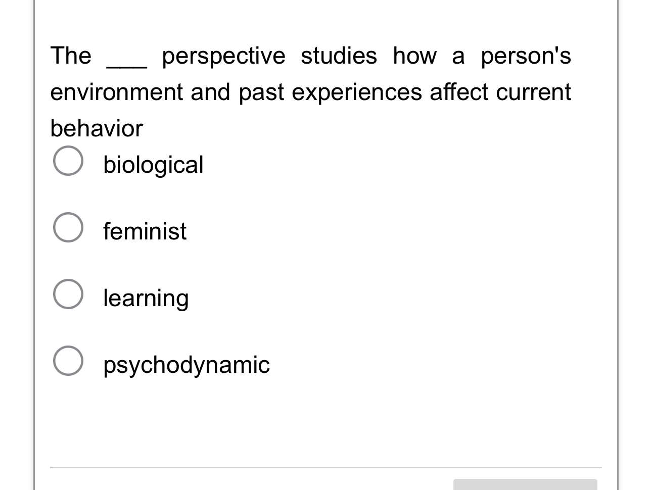 Solved The perspective studies how a person's environment | Chegg.com