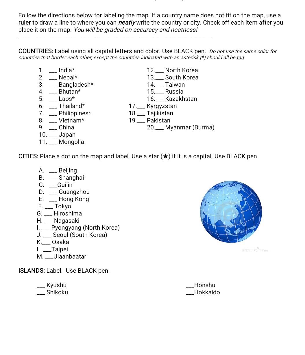 Solved Follow the directions below for labeling the map. If | Chegg.com