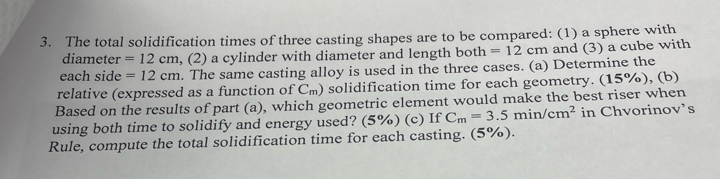Solved The total solidification times of three casting | Chegg.com