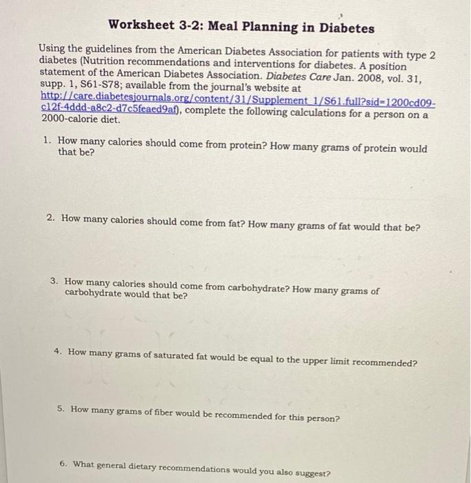 Solved Worksheet 3-2: Meal Planning in Diabetes Using the | Chegg.com