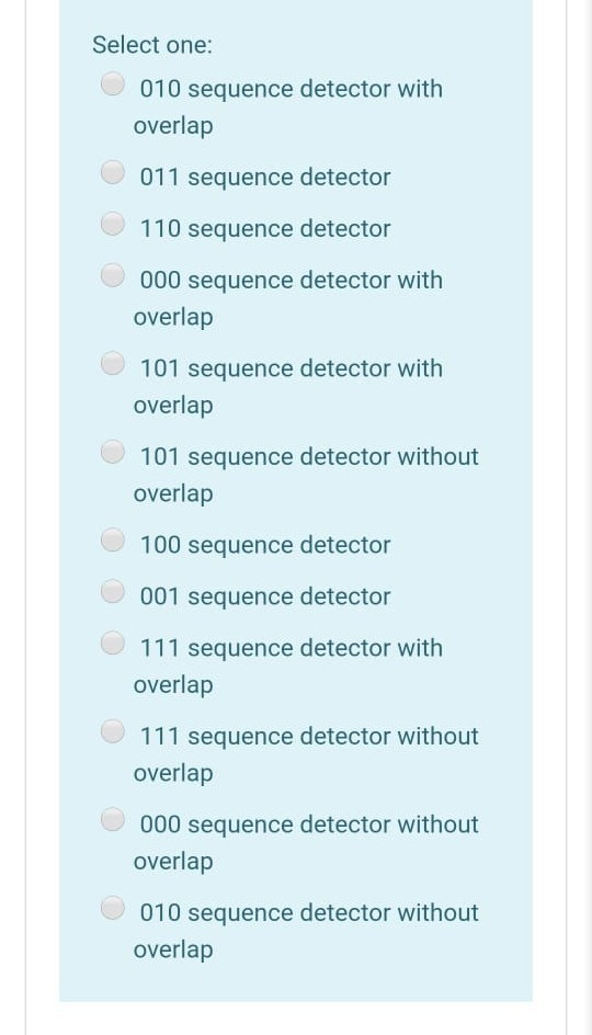 Solved Select one: 010 sequence detector with overlap 011 | Chegg.com