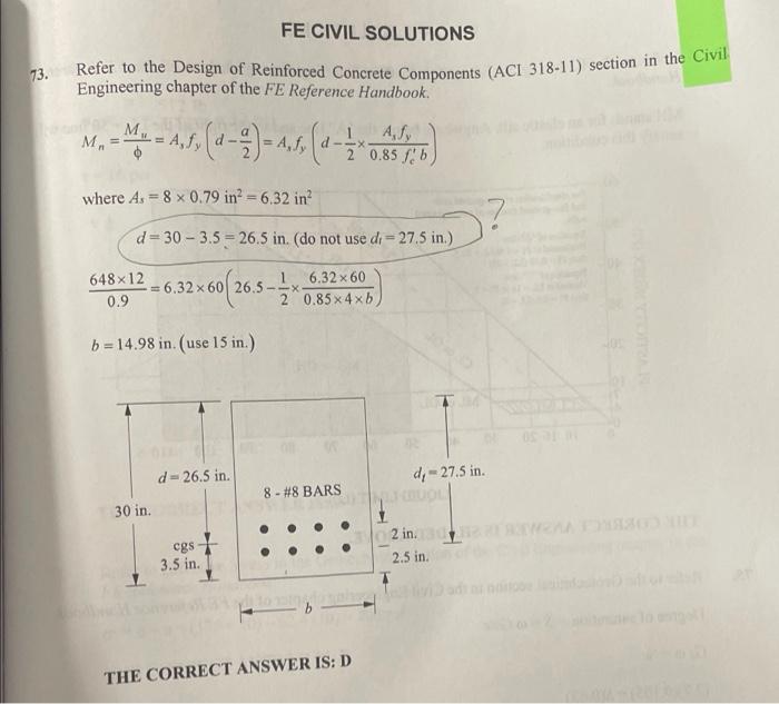 Solved 73. FE CIVIL PRACTICE EXAM A reinforced concrete beam | Chegg.com