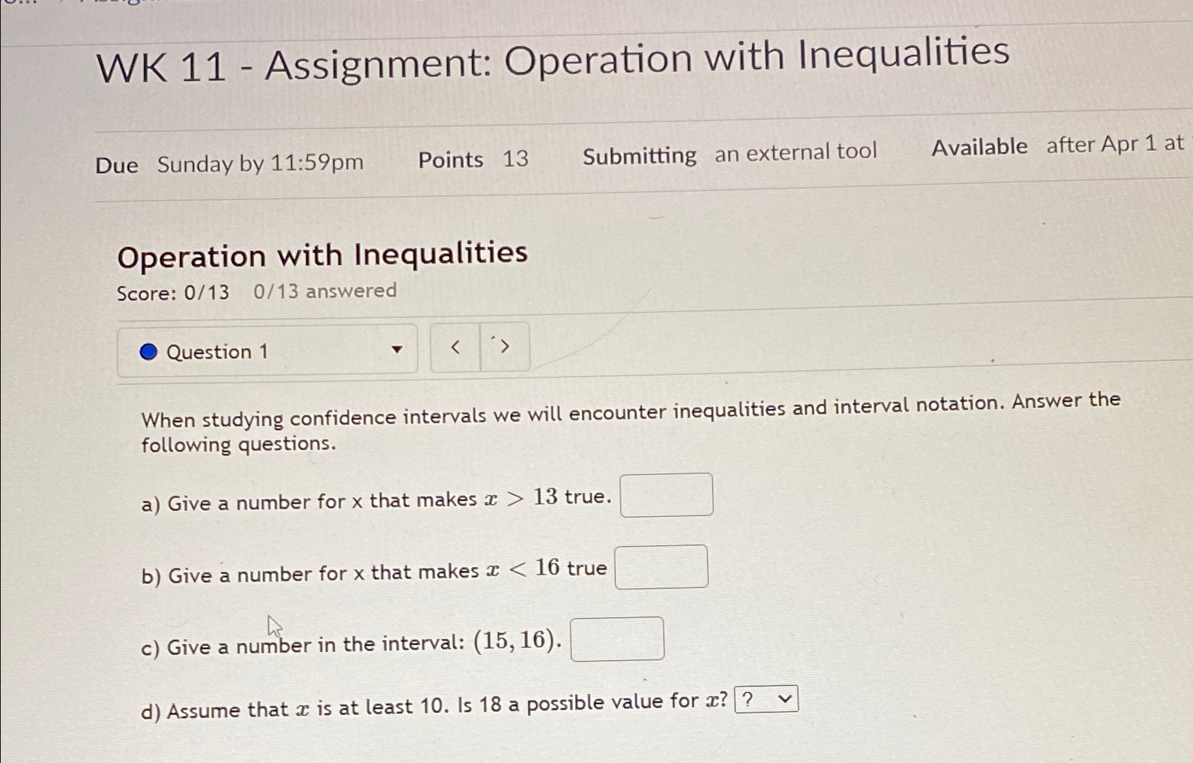 Solved WK 11 - ﻿Assignment: Operation with InequalitiesDue | Chegg.com