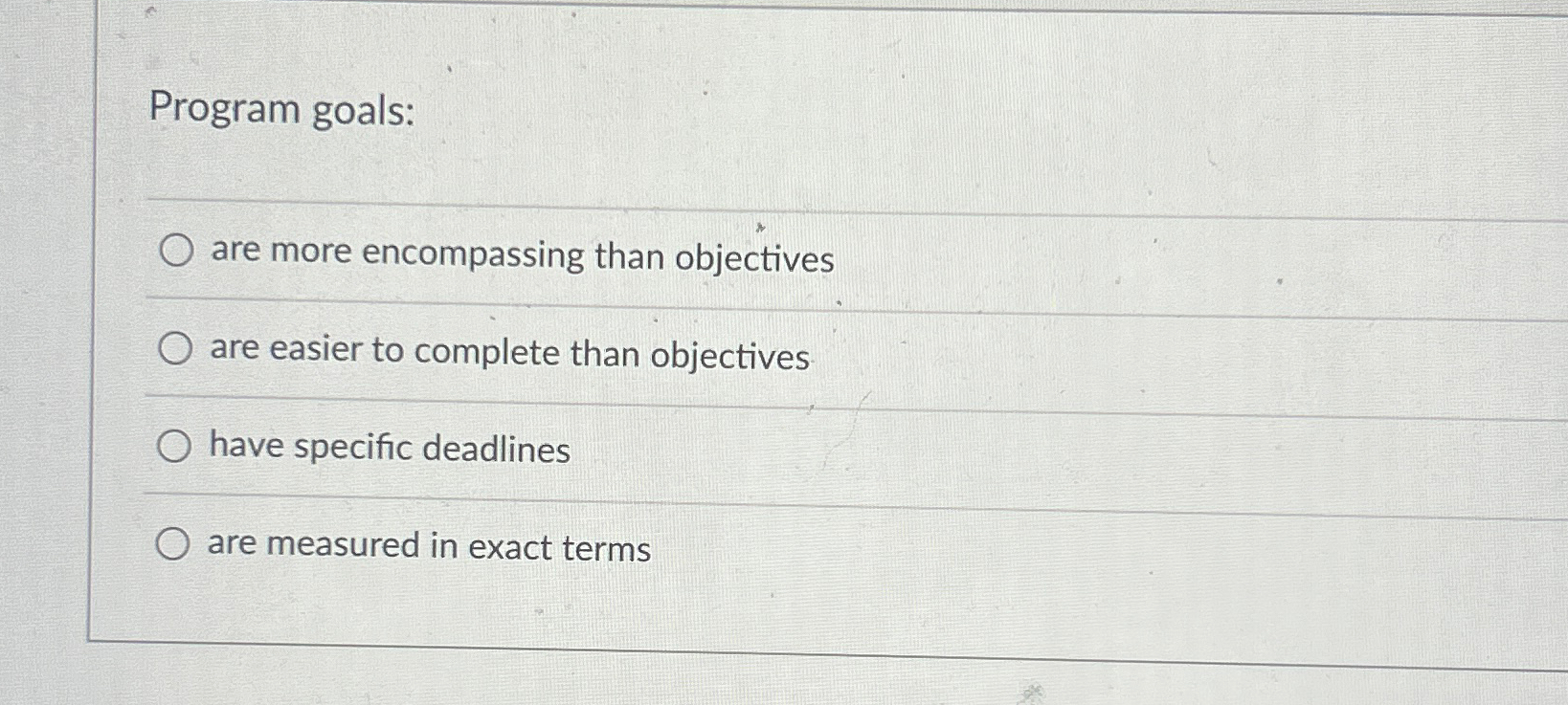 Solved Program goals:are more encompassing than | Chegg.com