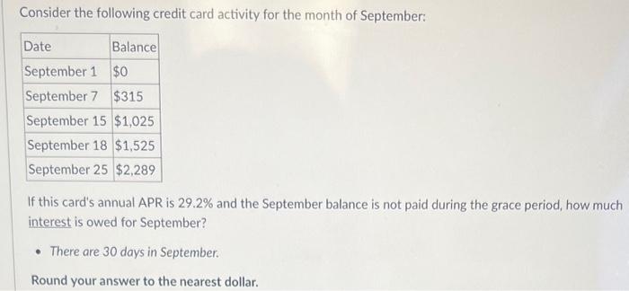 Solved Consider the following credit card activity for the | Chegg.com