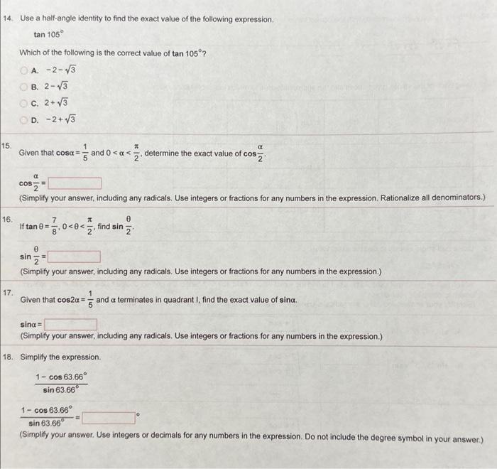 Solved 14. Use a half-angle identity to find the exact value | Chegg.com