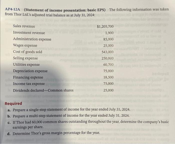 Solved AP4-12A (Statement of income presentation: basic EPS) | Chegg.com