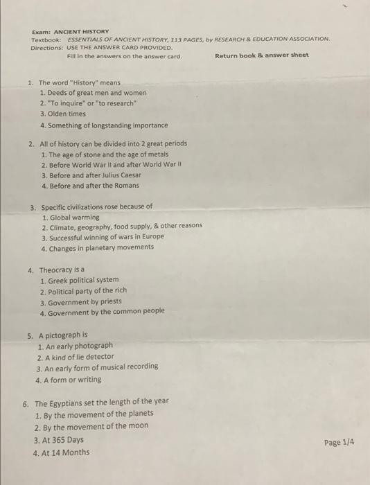 Exam: ANCIENT HISTORY Textbook: ESSENTIALS OF ANCIENT | Chegg.com