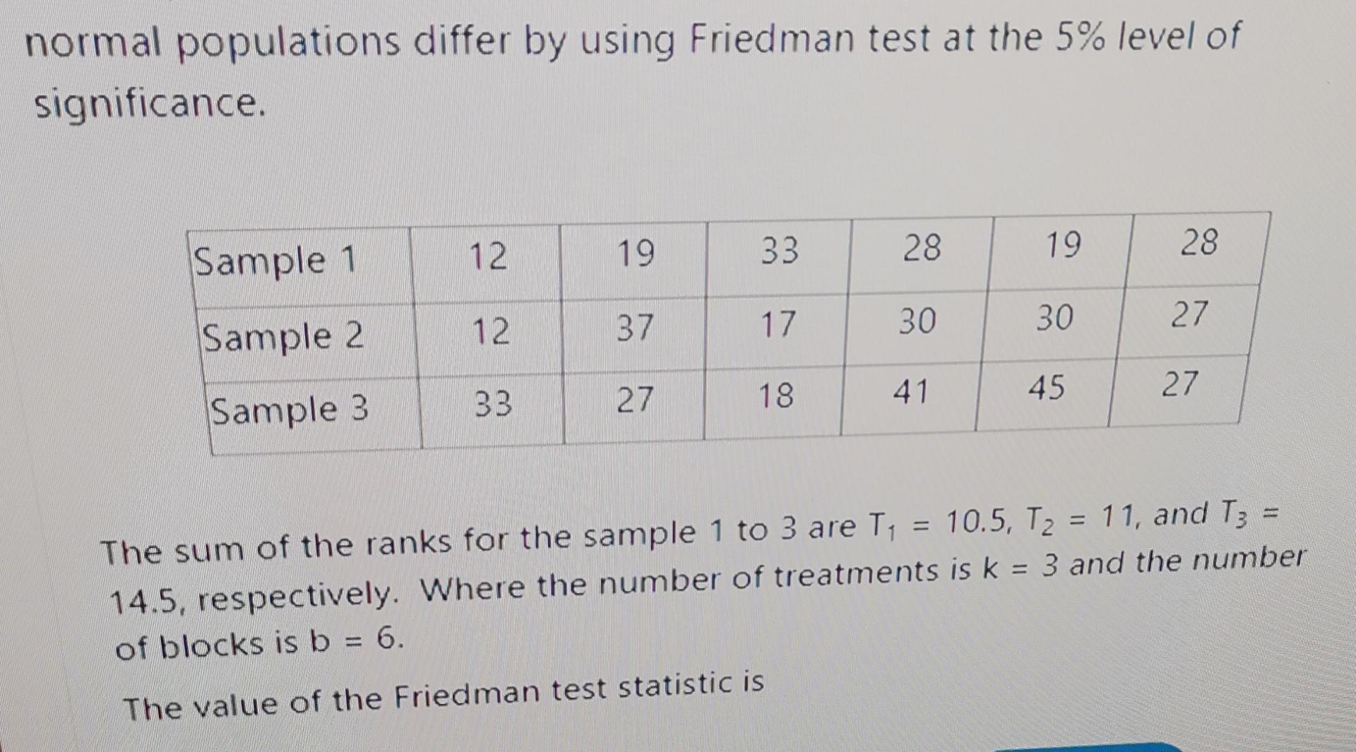 Solved normal populations differ by using Friedman test at | Chegg.com