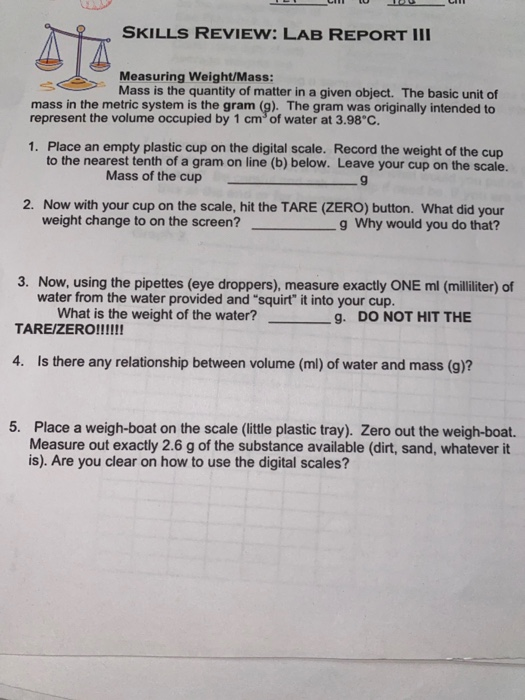 Solved IL SKILLS REVIEW: LAB REPORT III Measuring | Chegg.com
