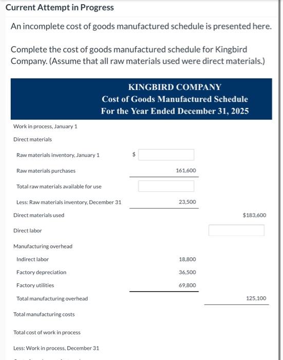 Current Attempt in Progress An incomplete cost of | Chegg.com