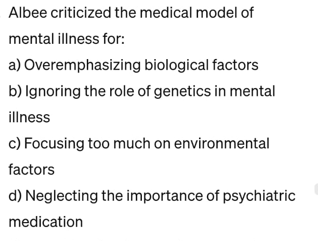 Solved Albee criticized the medical model of mental illness | Chegg.com