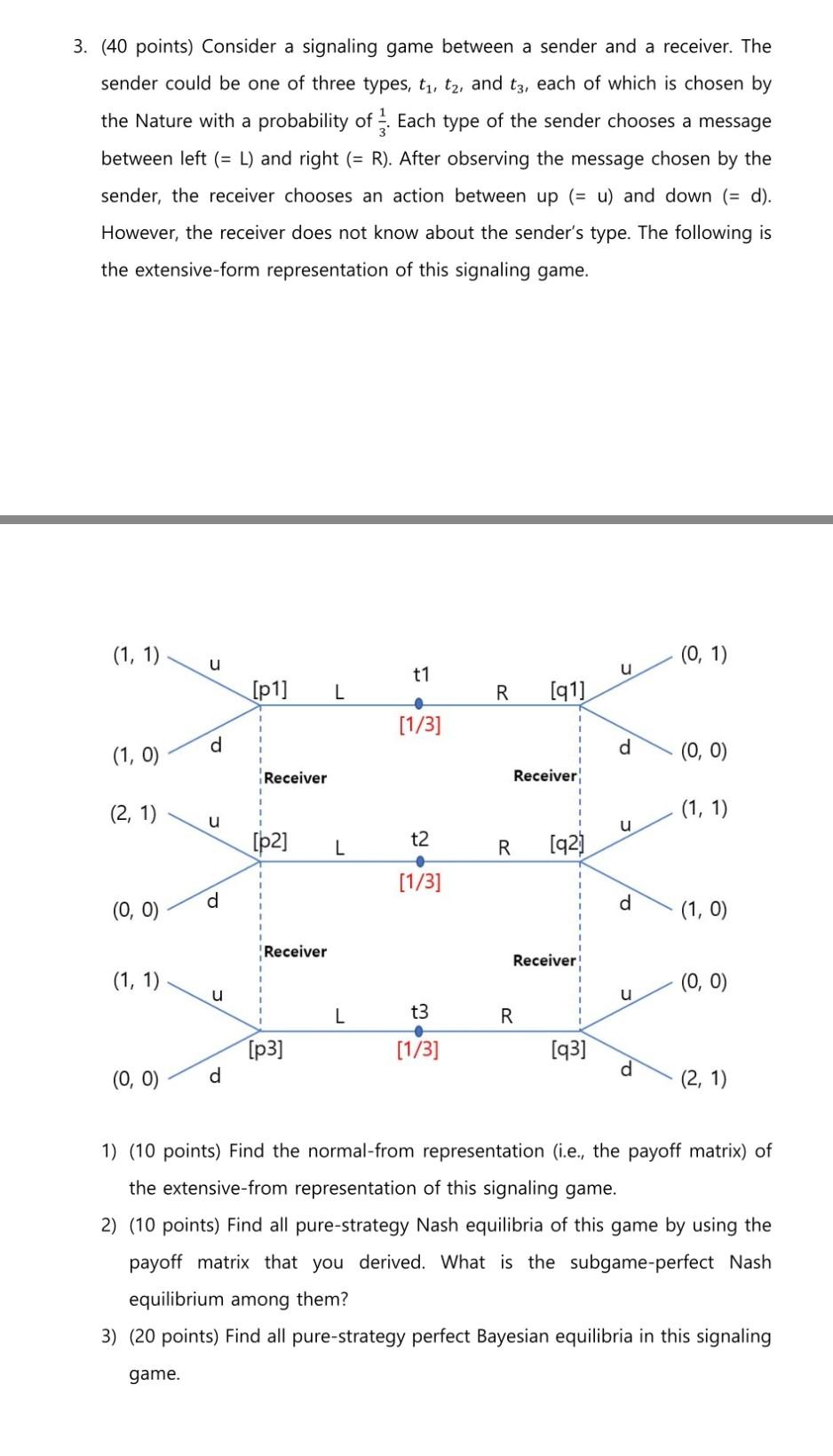 Solved 3. (40 points) Consider a signaling game between a | Chegg.com