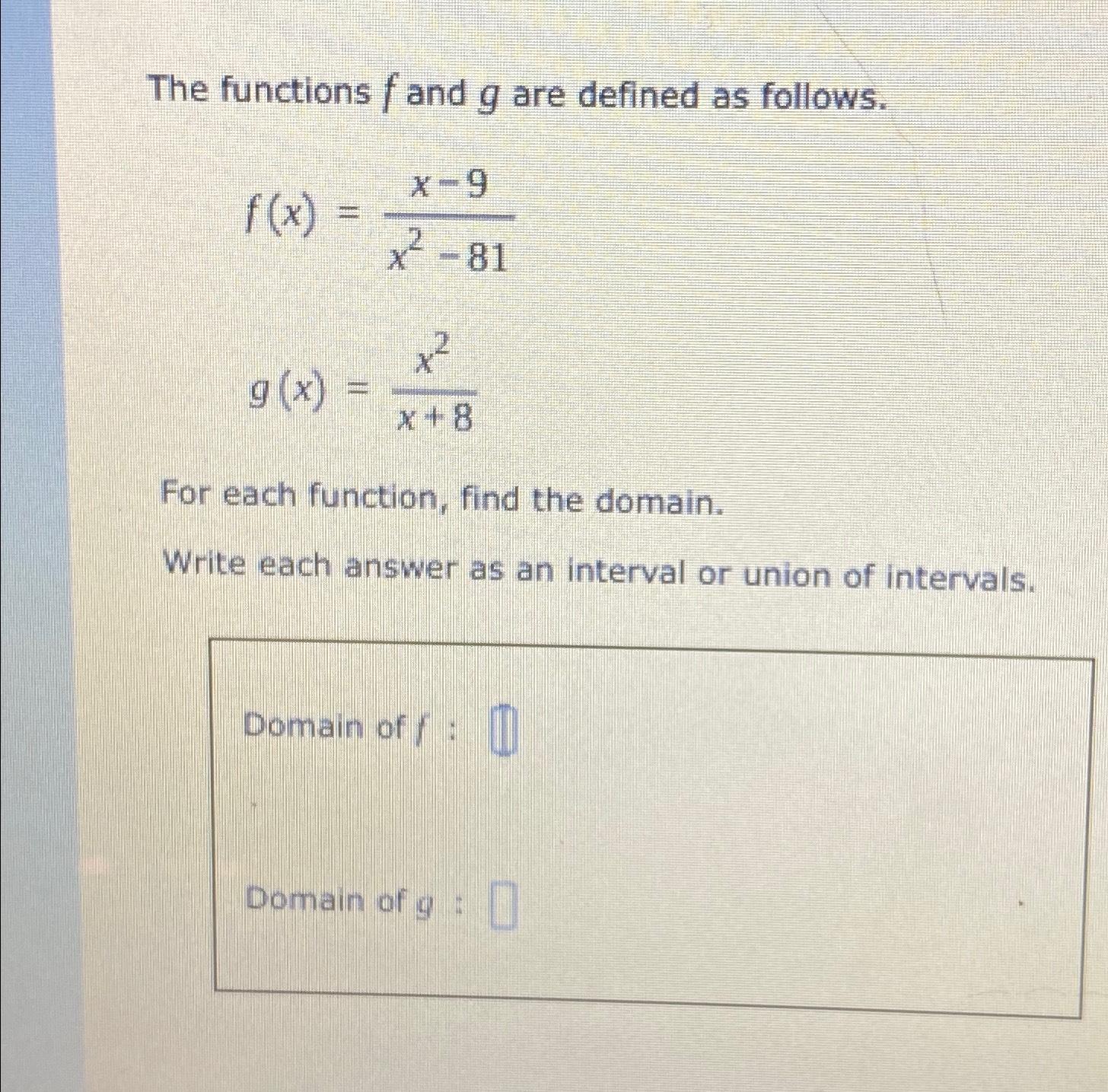Solved The functions f ﻿and g ﻿are defined as | Chegg.com