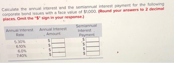 Solved Calculate the annual interest and the semiannual | Chegg.com