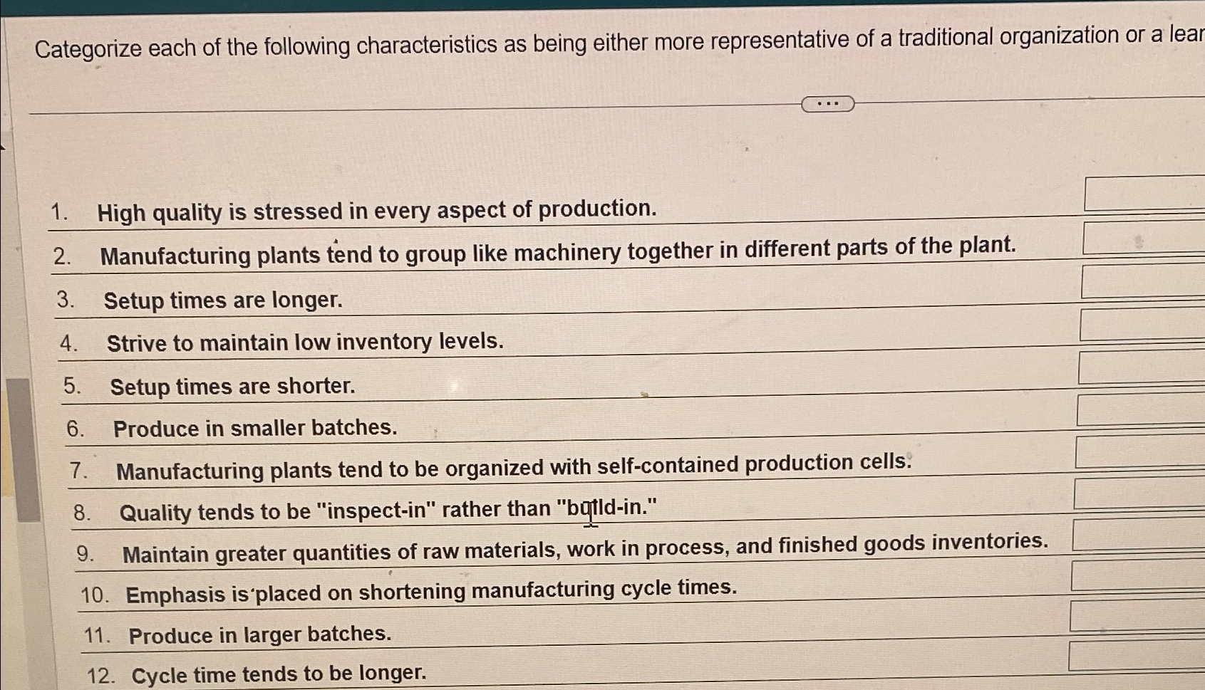 Solved Categorize each of the following characteristics as | Chegg.com