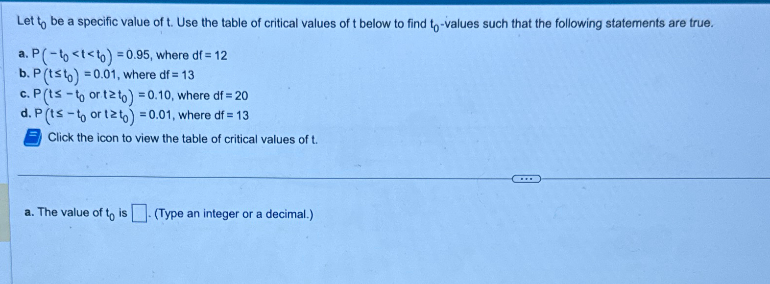 Solved Let t0 ﻿be a specific value of t. ﻿Use the table of | Chegg.com