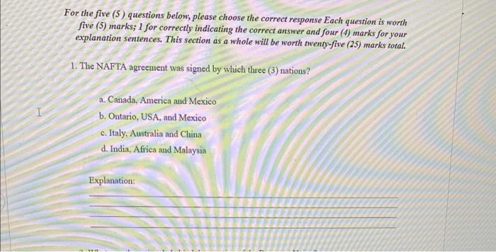 Solved For the five (5 ) questions below, please choose the | Chegg.com