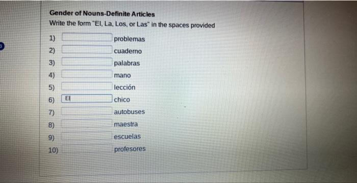 Gender of Nouns-Definite Articles Write the form "El, | Chegg.com