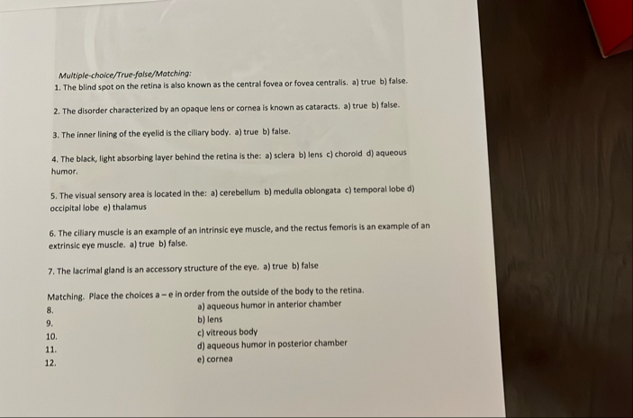 Solved Multiple-choice/True-folse/Matching:The blind spot on | Chegg.com
