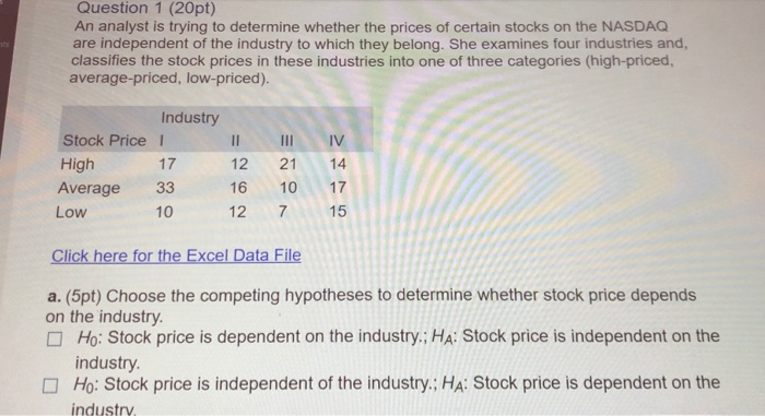 Solved Question 1 (20pt) An analyst is trying to determine | Chegg.com