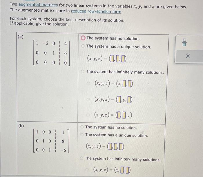 Solved Two augmented matrices for two linear systems in the | Chegg.com