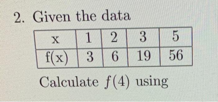 Solved Given the data Calculate f(4) using | Chegg.com