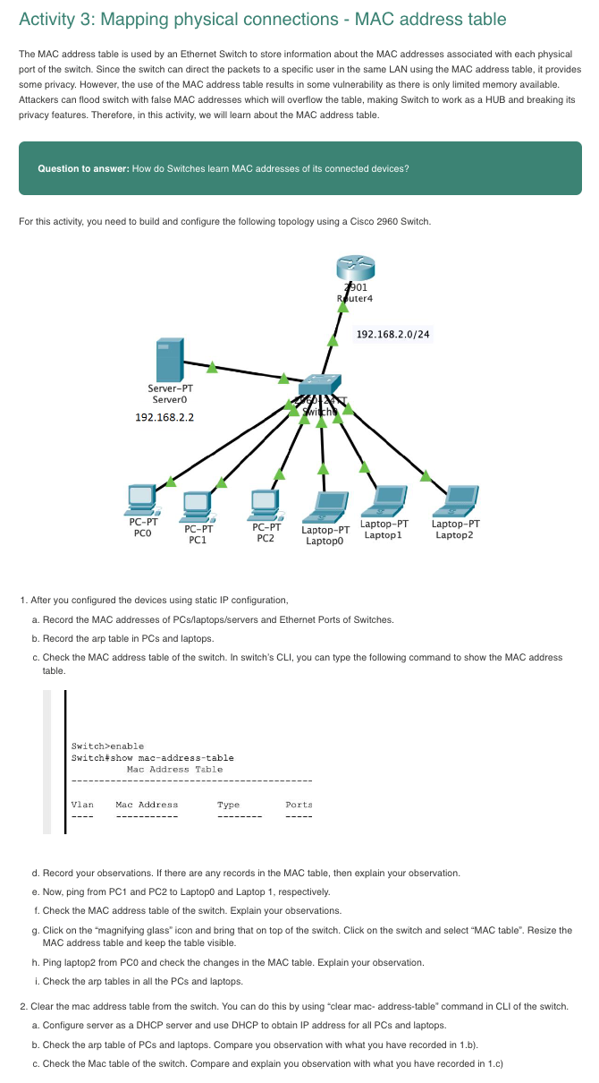 Solved The MAC address table is used by an Ethernet Switch | Chegg.com