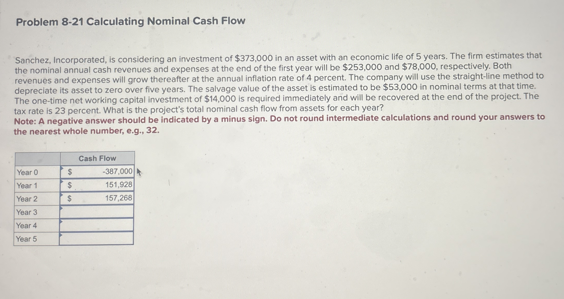 Problem 8-21 ﻿Calculating Nominal Cash FlowSanchez, | Chegg.com