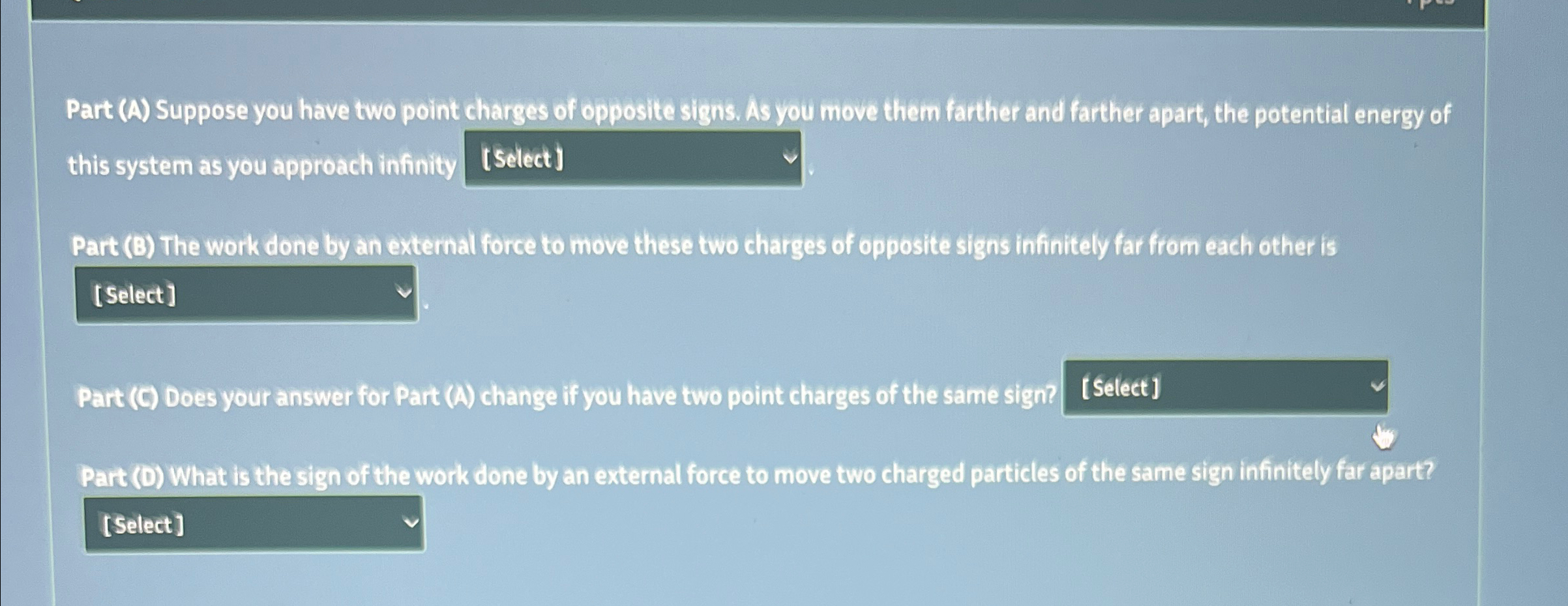 Solved Part (A) ﻿Suppose you have two point charges of | Chegg.com