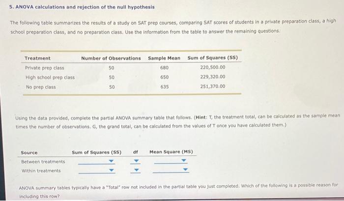 Solved 5. ANOVA calculations and rejection of the null | Chegg.com