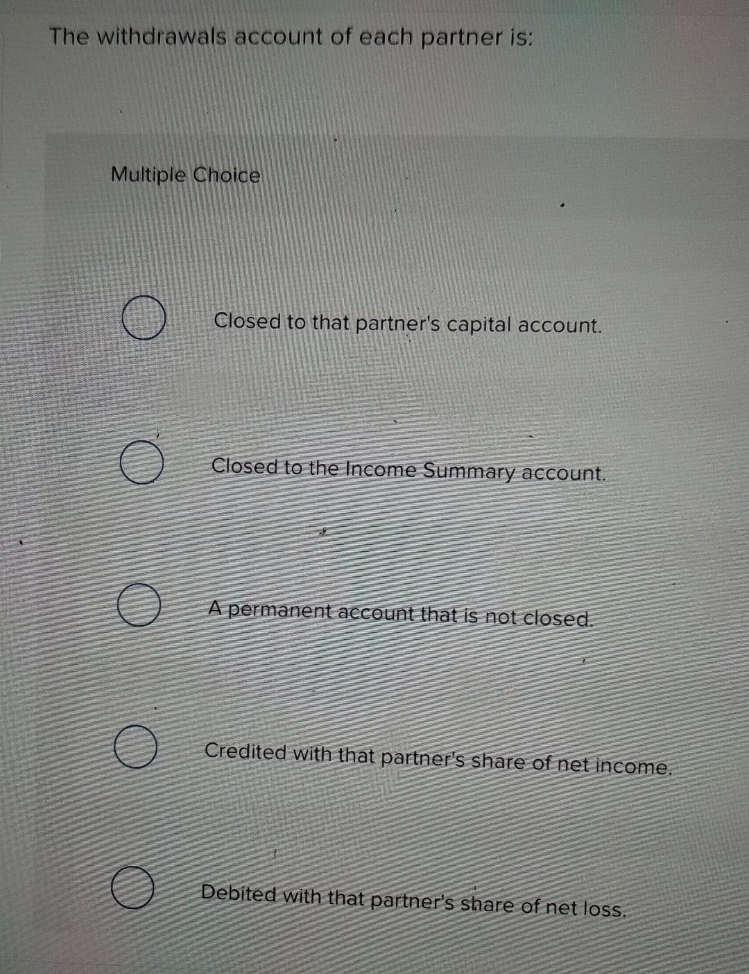 Solved The withdrawals account of each partner is: Multiple | Chegg.com