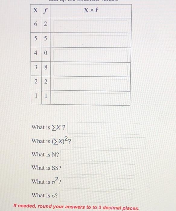 Solved \begin{tabular}{|c|c|c|c|} \hline X & f & X2 & (X2)×f | Chegg.com