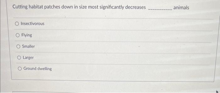 Solved Cutting habitat patches down in size most | Chegg.com