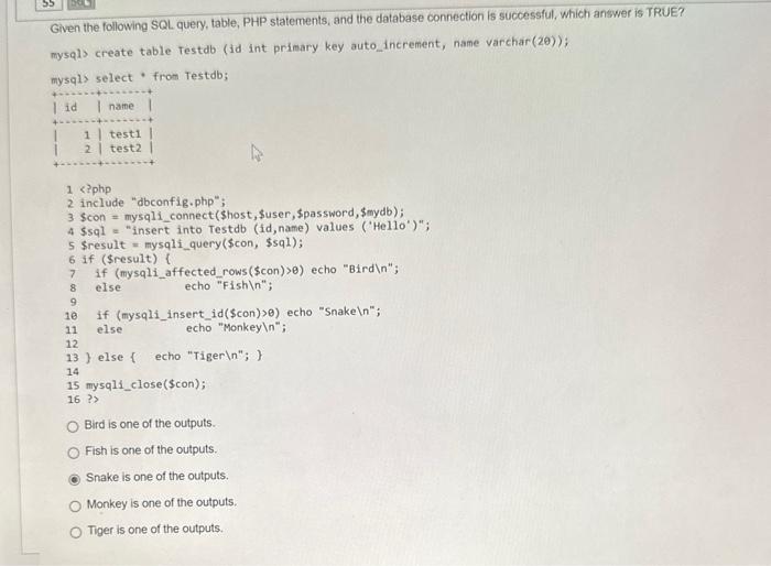 Solved Given The Following Sql Query Table Php Statements