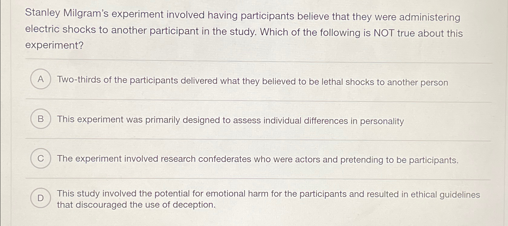Solved Stanley Milgram's experiment involved having | Chegg.com